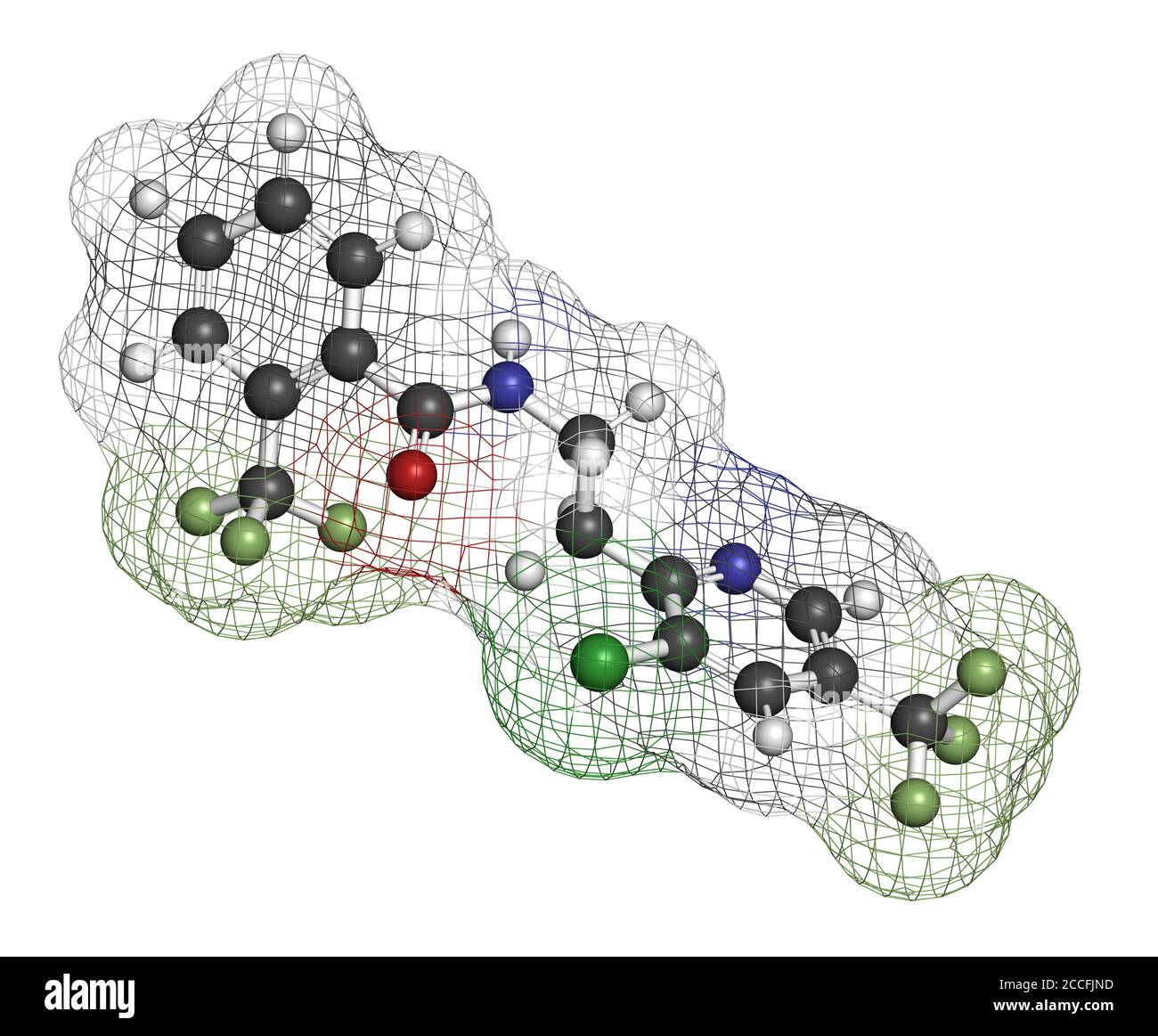 Fluopyram fungicide molecule. 3D rendering. Atoms are represented as ...