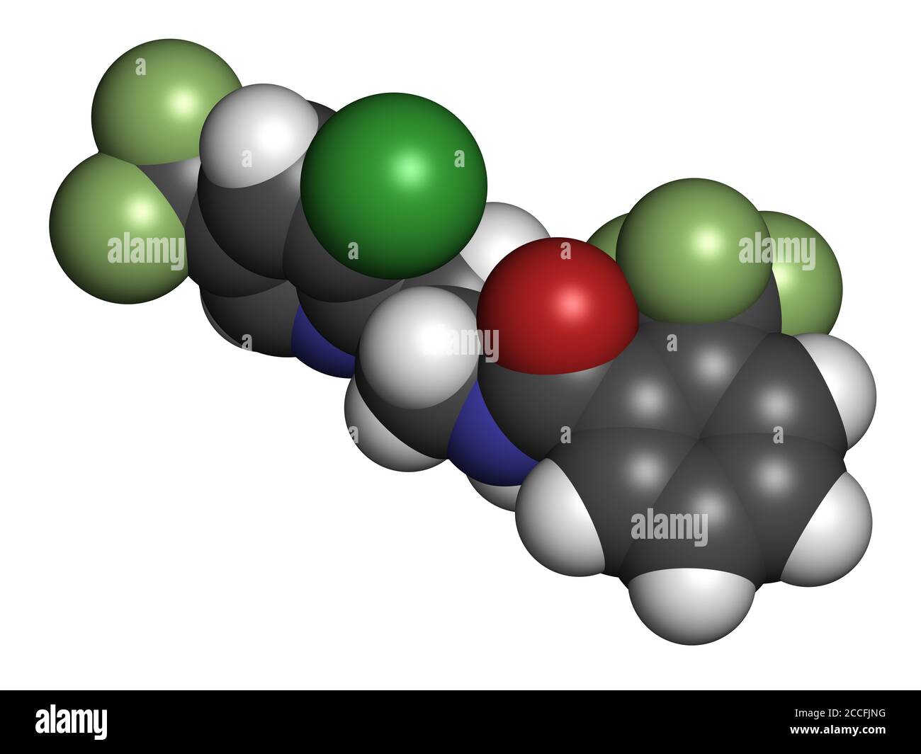 Fluopyram fungicide molecule. 3D rendering. Atoms are represented as ...