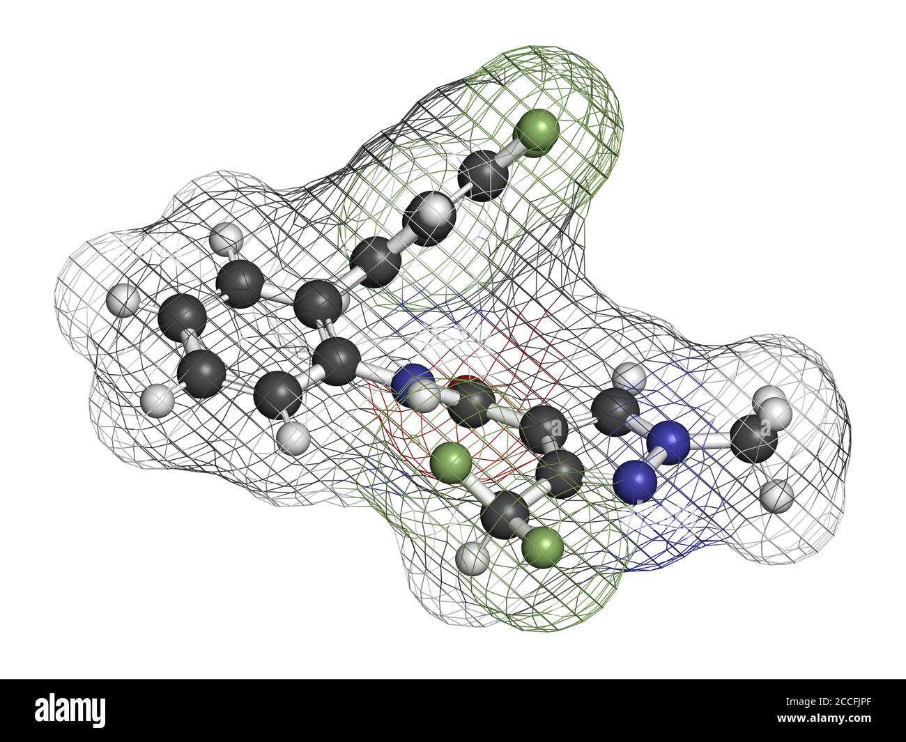 Fluxapyroxad fungicide molecule. 3D rendering. Atoms are represented as ...