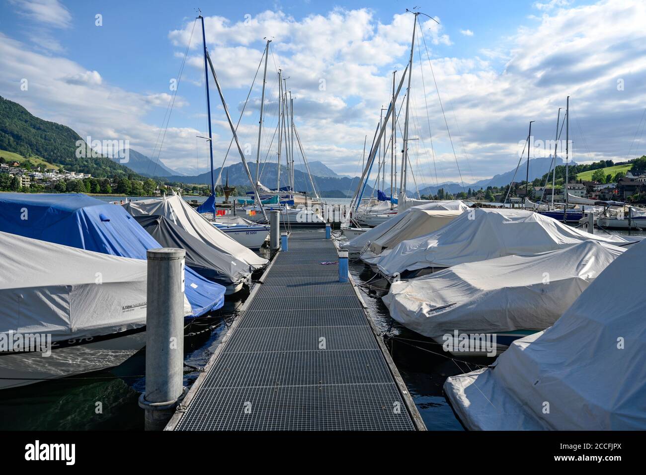 Boat harbor with Pilatus mountain range, Küssnacht am Rigi, Switzerland ...