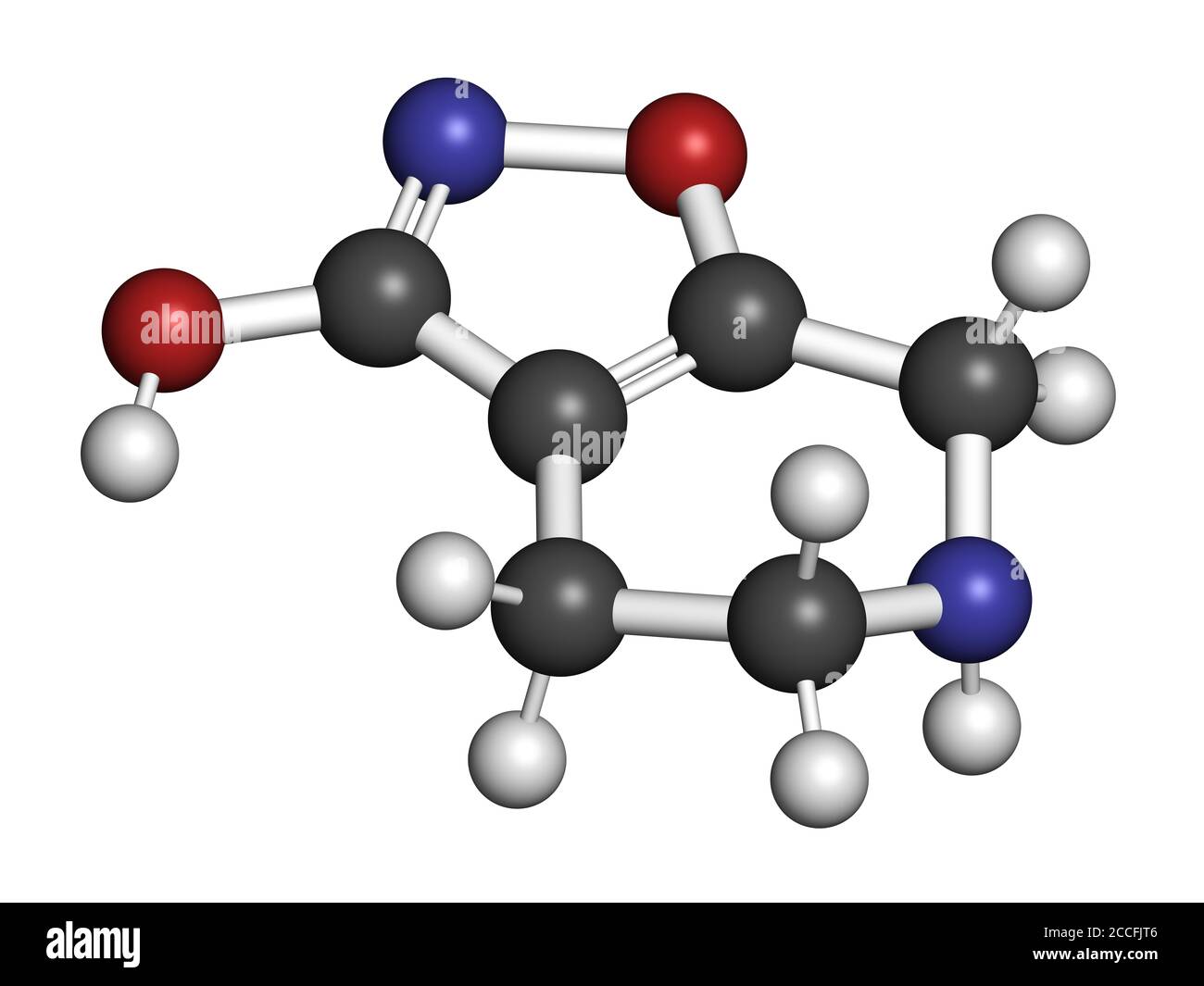Gaboxadol drug molecule. 3D rendering. Atoms are represented as spheres ...