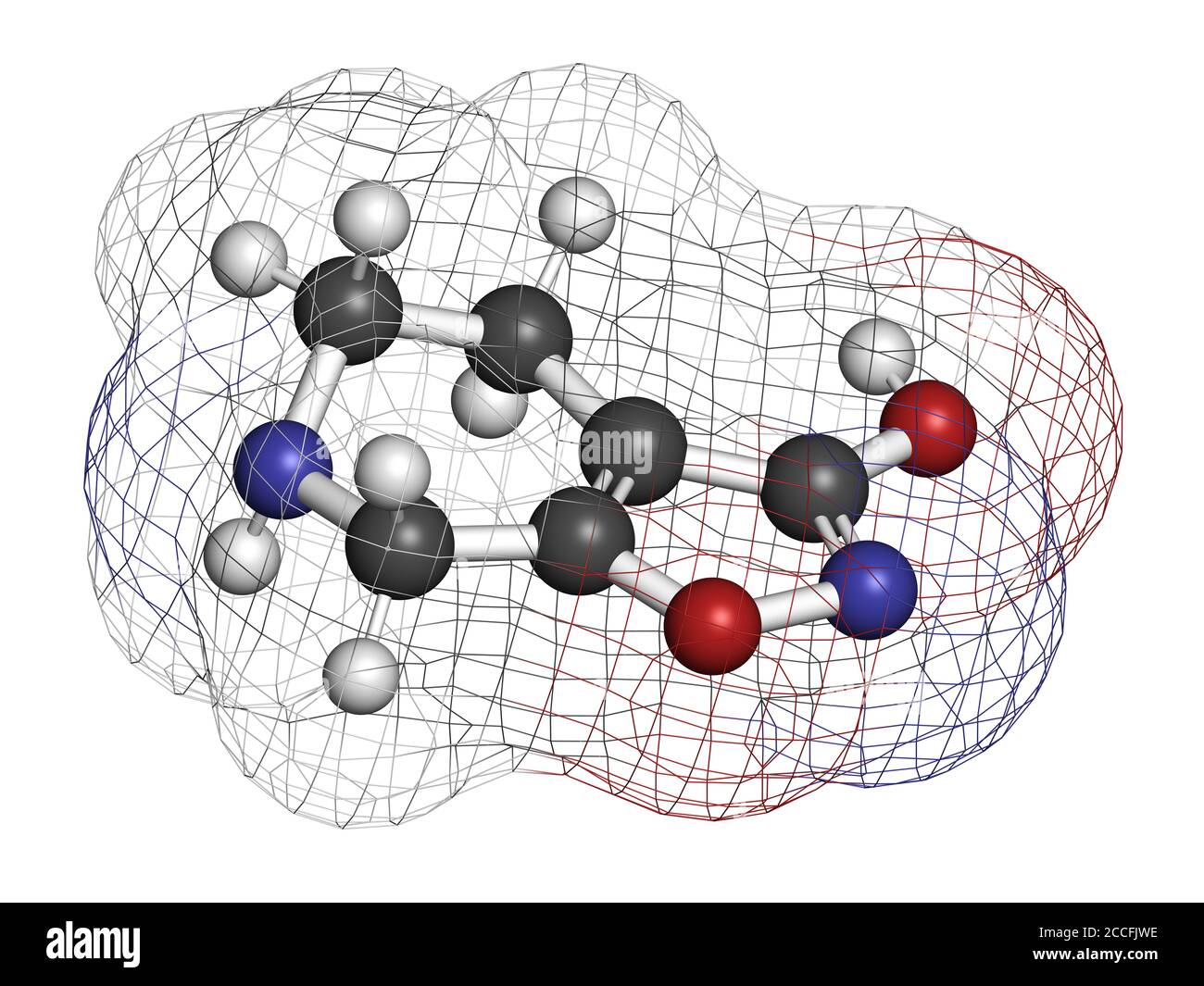 Gaboxadol drug molecule. 3D rendering. Atoms are represented as spheres ...
