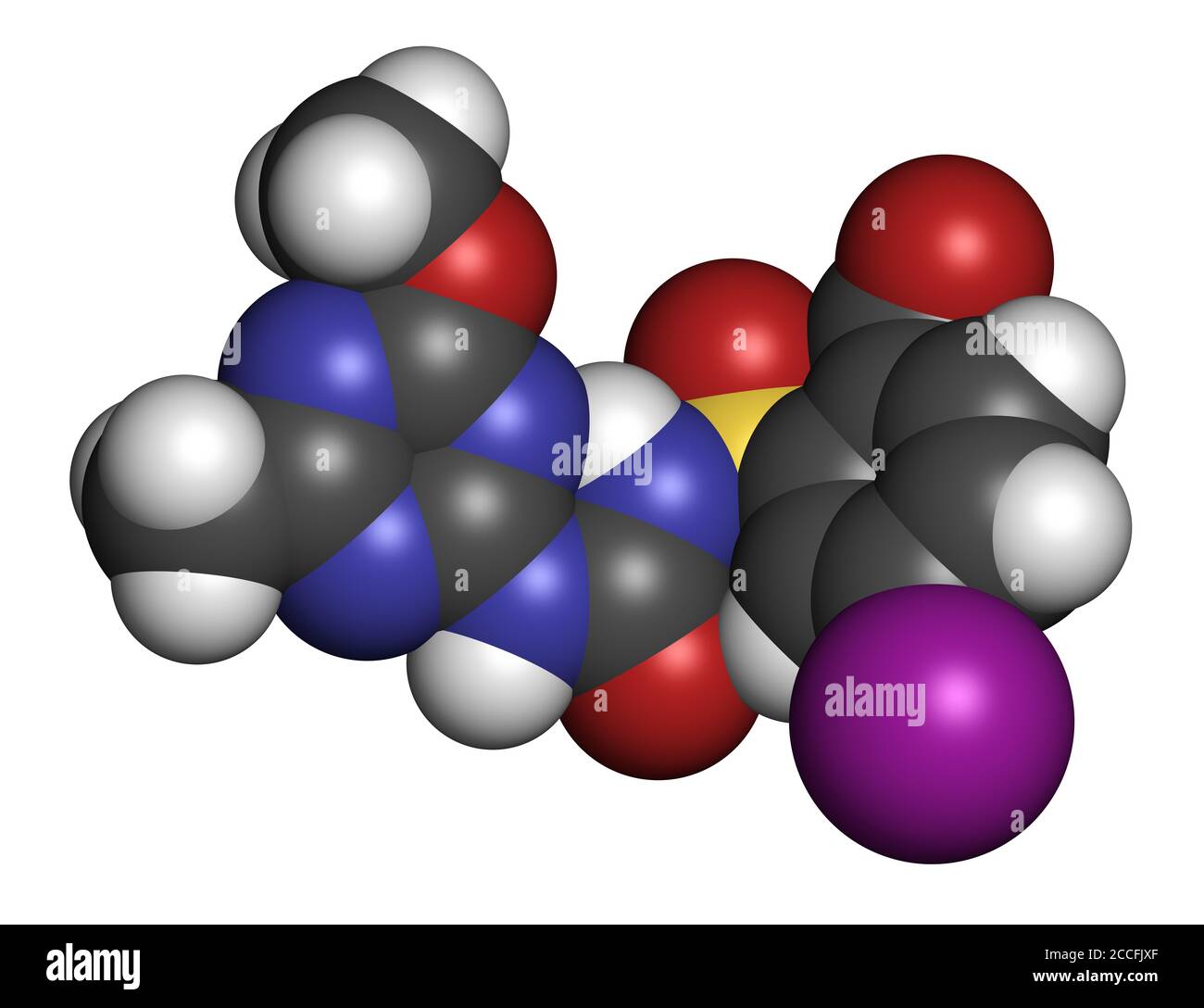 Iodosulfuron herbicide molecule. 3D rendering. Atoms are represented as ...