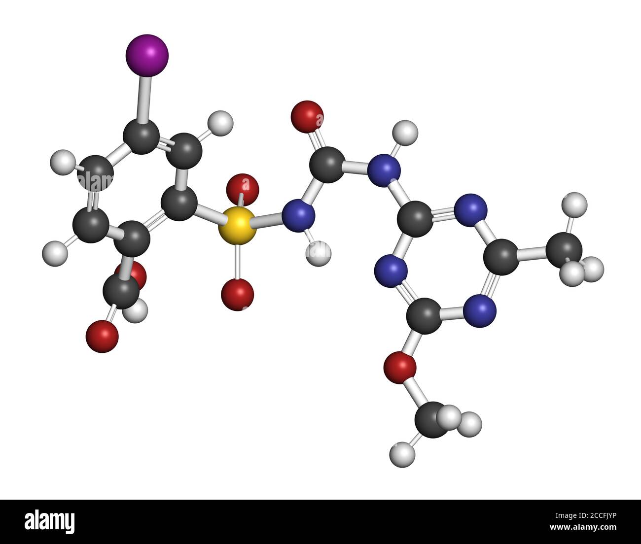 Iodosulfuron herbicide molecule. 3D rendering. Atoms are represented as ...