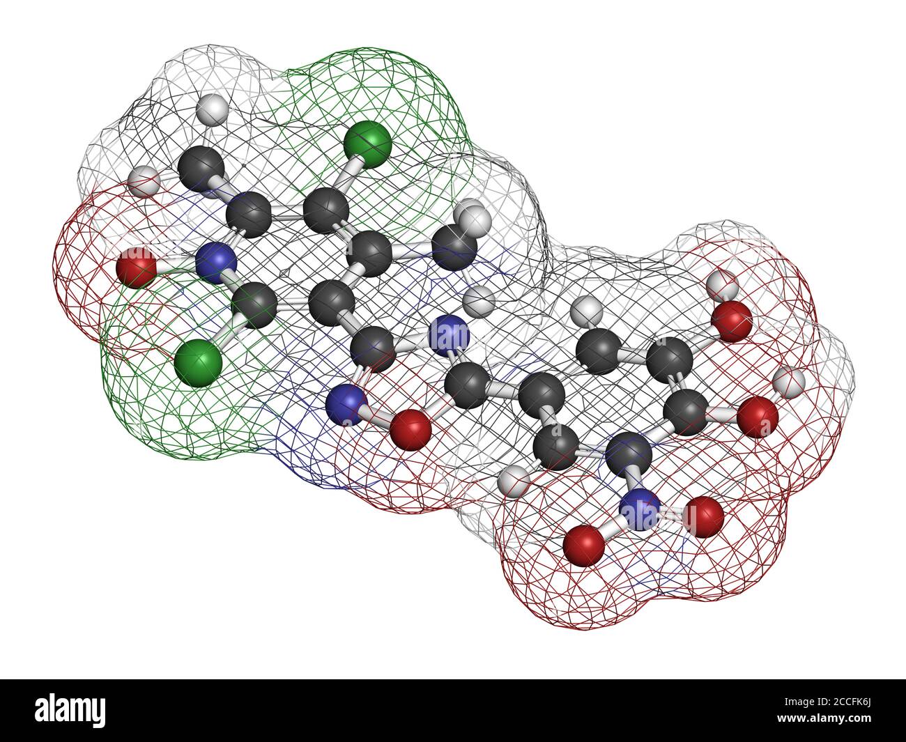 Opicapone Parkinson's disease drug molecule. 3D rendering. Atoms are ...