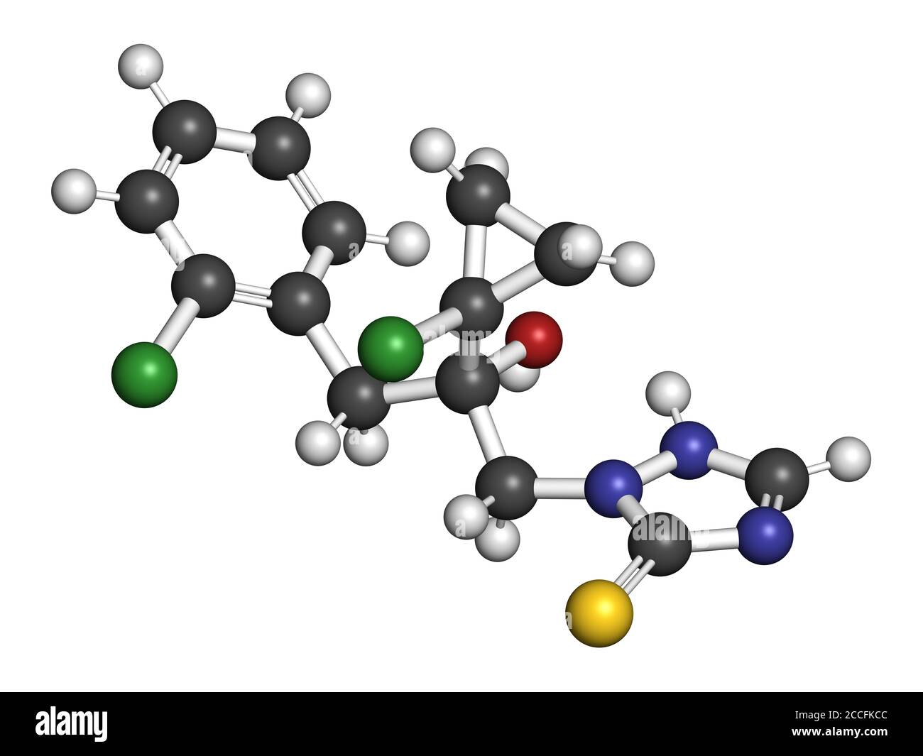 Prothioconazole fungicide molecule. 3D rendering. Atoms are represented ...