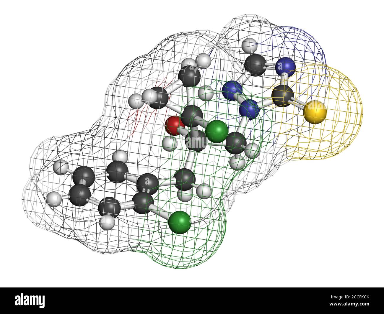 Prothioconazole fungicide molecule. 3D rendering. Atoms are represented ...