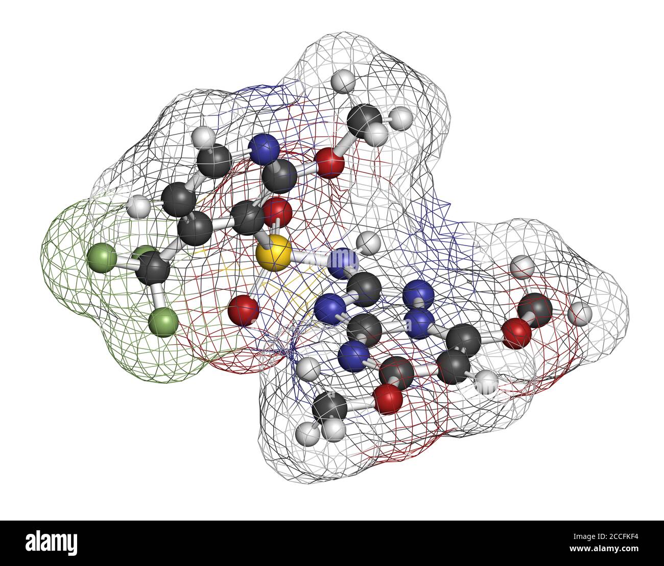 Pyroxsulam herbicide molecule. 3D rendering. Atoms are represented as ...