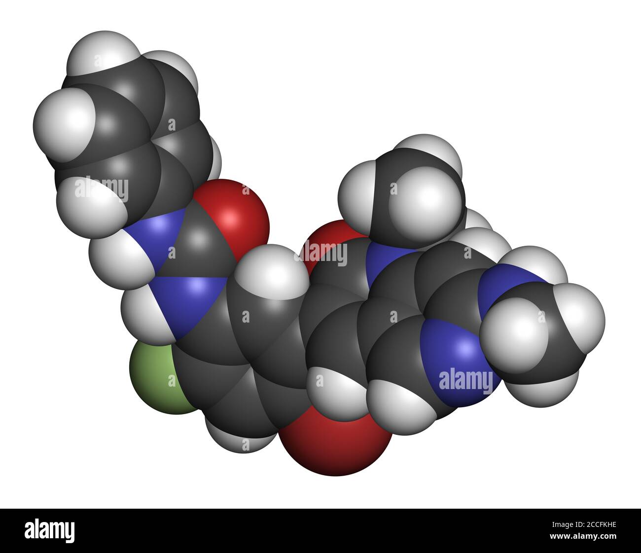 Ripretinib cancer drug molecule. 3D rendering. Atoms are represented as ...