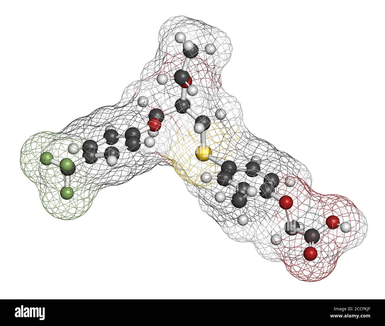 Seladelpar drug molecule. 3D rendering. Atoms are represented as ...