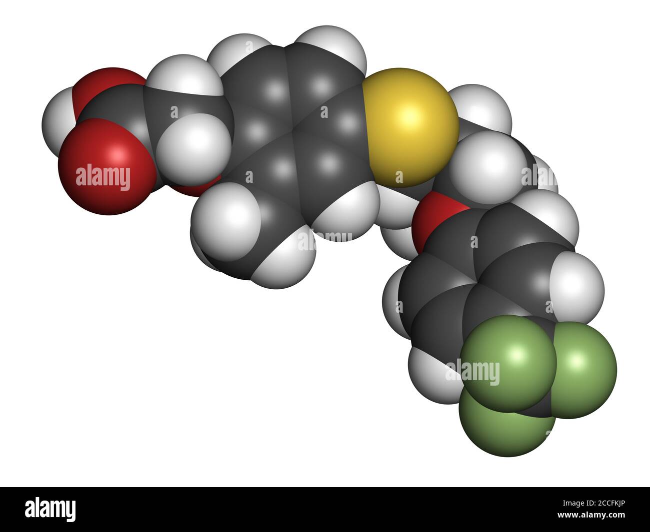 Seladelpar drug molecule. 3D rendering. Atoms are represented as ...