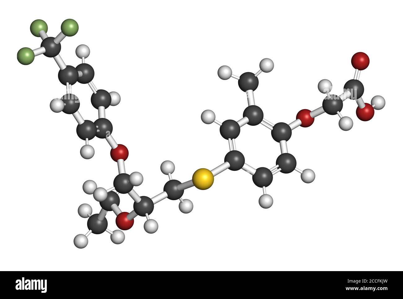 Seladelpar drug molecule. 3D rendering. Atoms are represented as ...