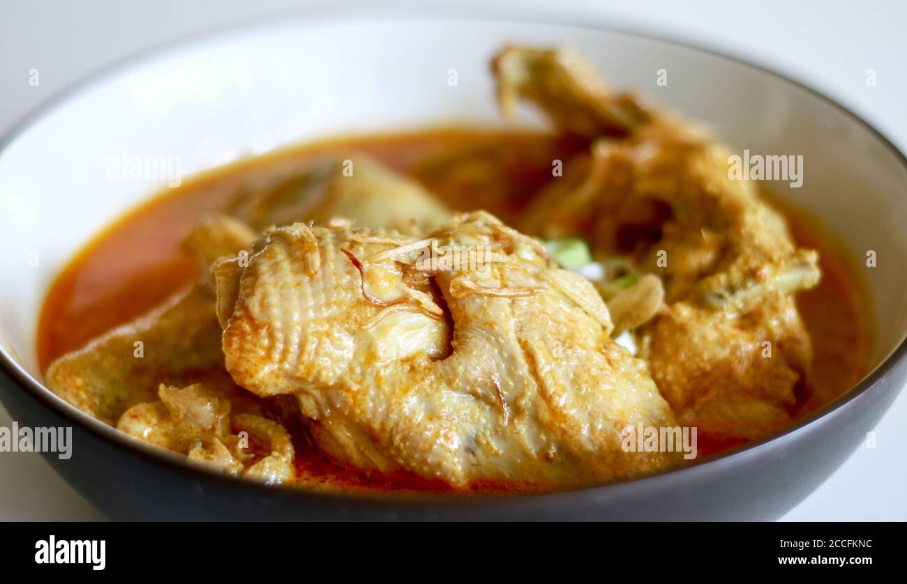 Indonesian gulai ayam or Indonesian chicken curry in a bowl on white ...