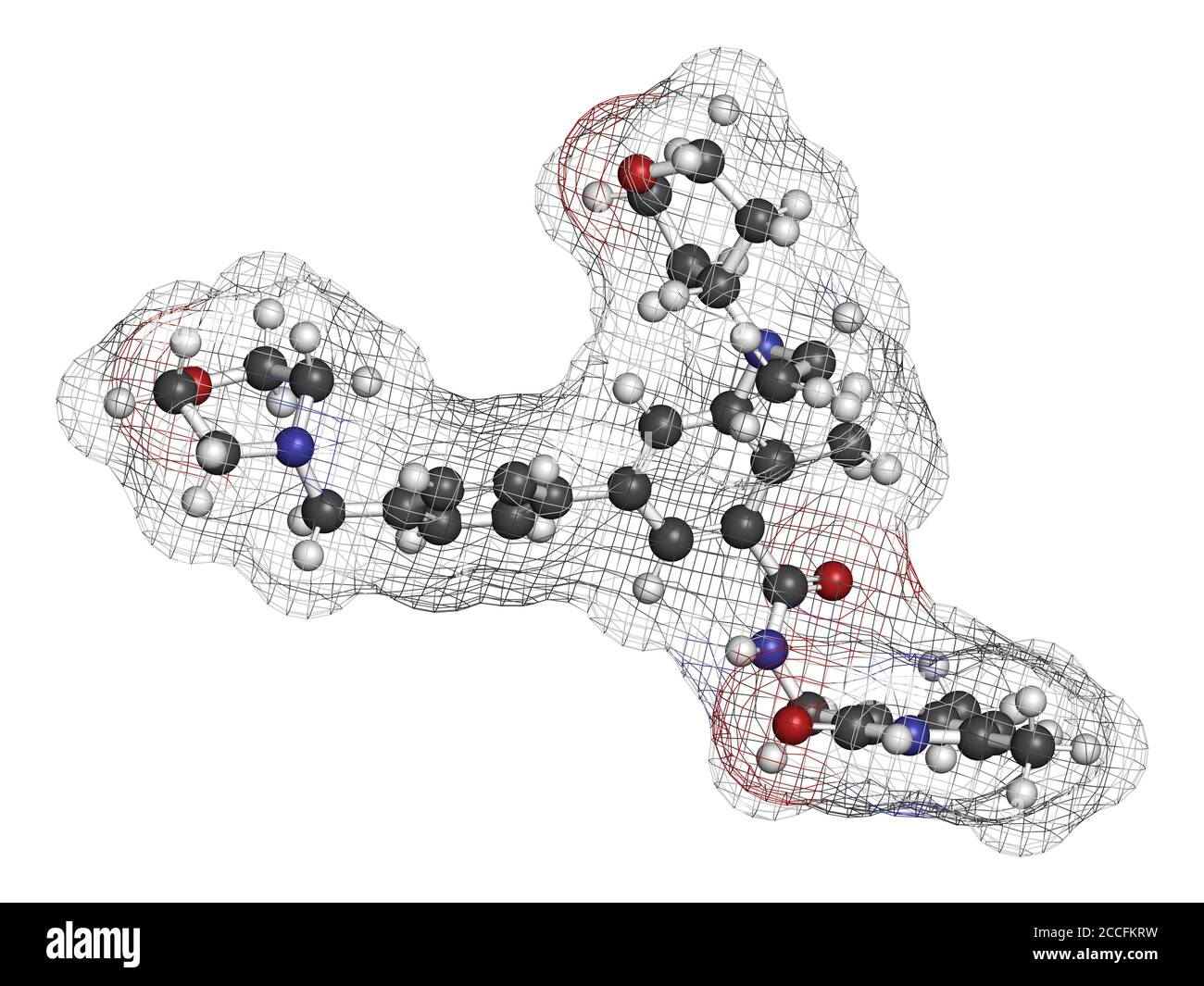 Tazemetostat cancer drug molecule. 3D rendering. Atoms are represented ...