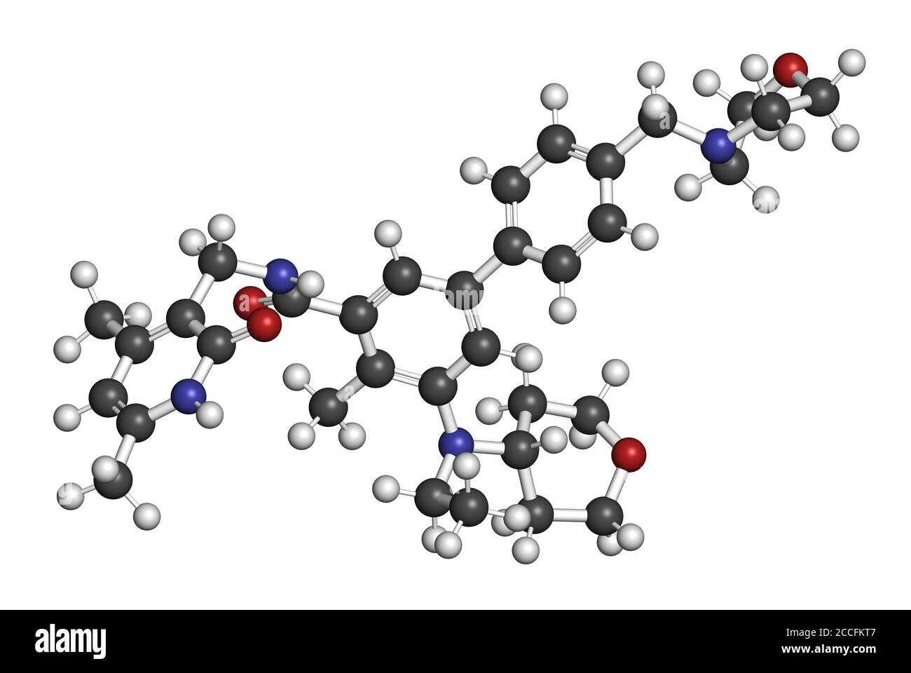 Tazemetostat cancer drug molecule. 3D rendering. Atoms are represented ...