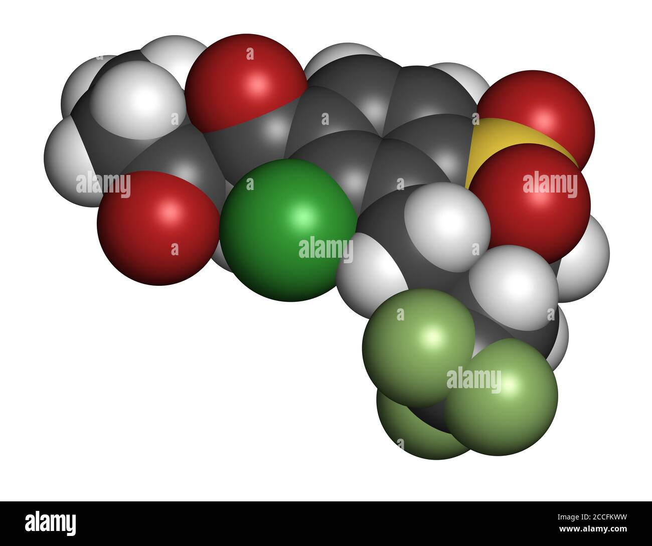 Tembotrione herbicide molecule. 3D rendering. Atoms are represented as ...