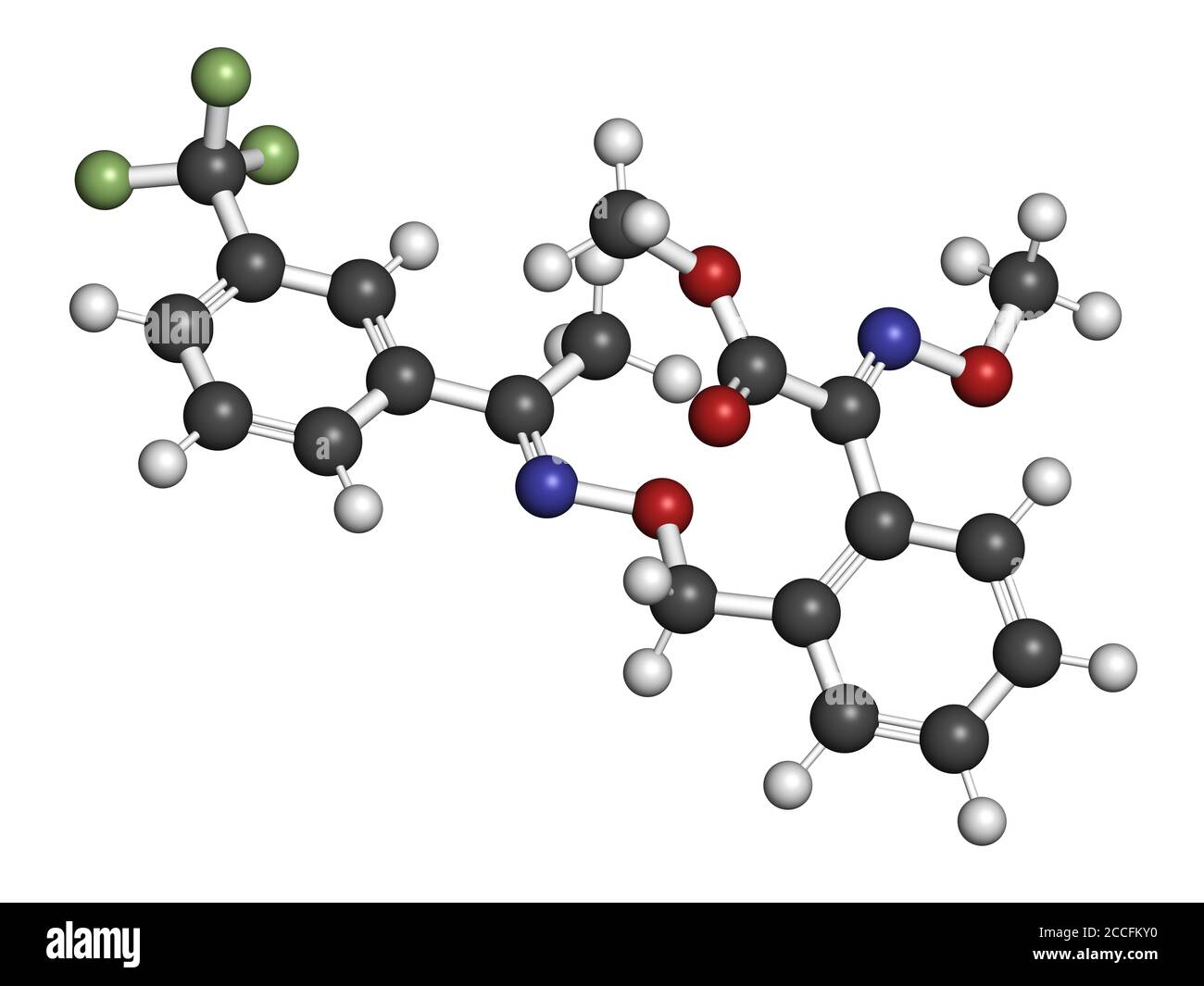 Trifloxystrobin fungicide molecule. 3D rendering. Atoms are represented ...