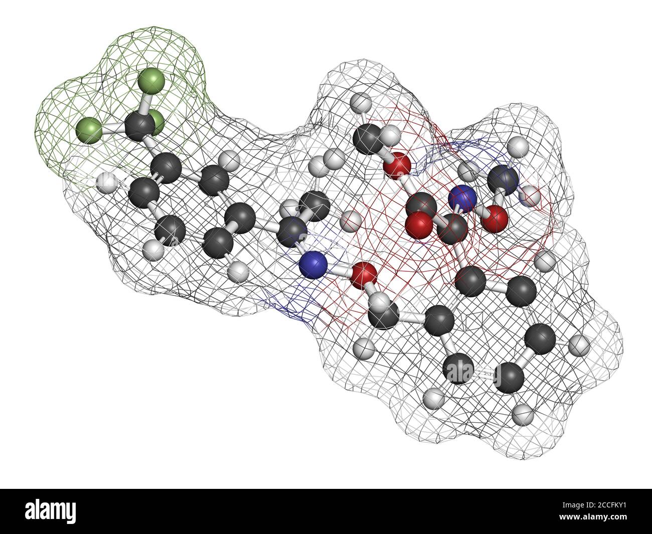 Trifloxystrobin fungicide molecule. 3D rendering. Atoms are represented ...