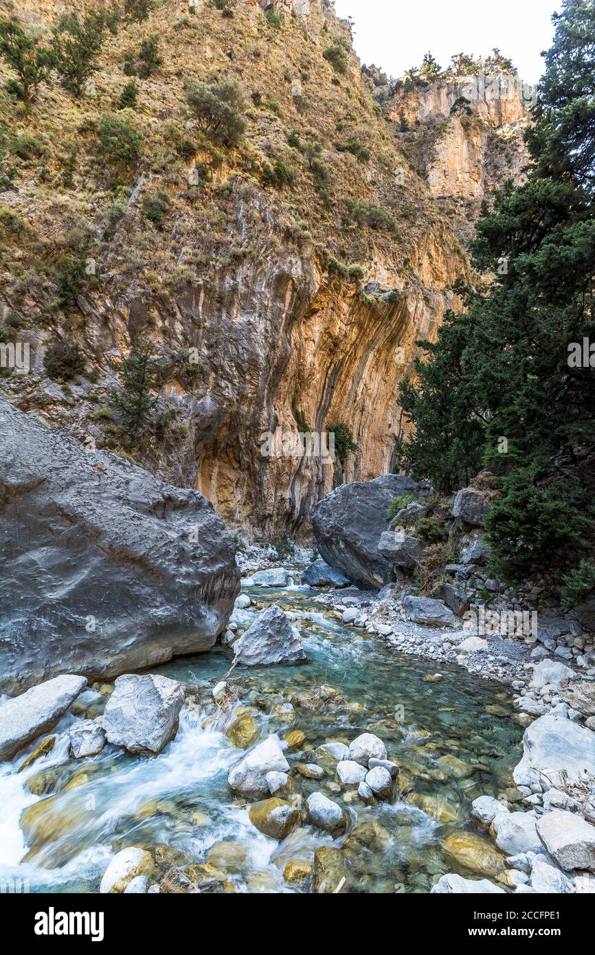 Clear river between rock walls in Samaria Gorge, West Crete, Greece ...