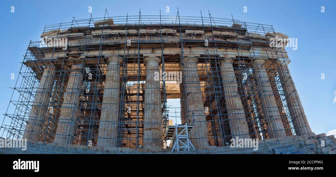 Parthenon for restoration. Panoramic view.It is an ancient Greek temple ...