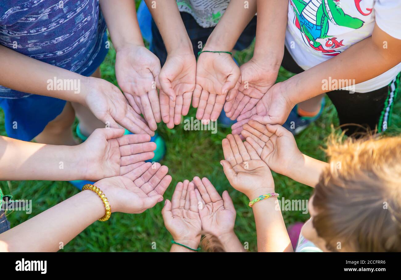 The children put their hands together. Selective focus. people Stock ...