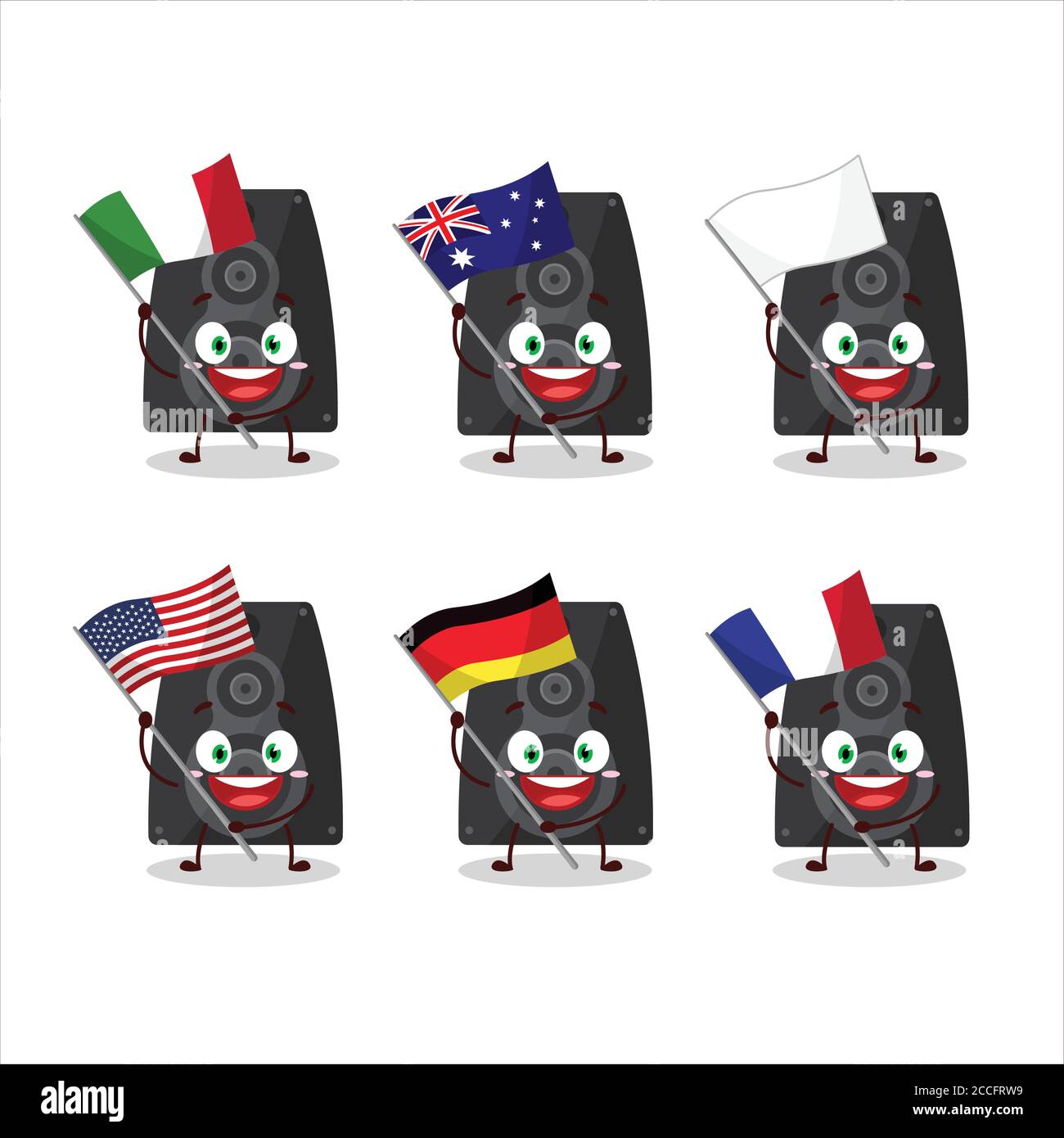 Stereo speaker cartoon character bring the flags of various countries ...