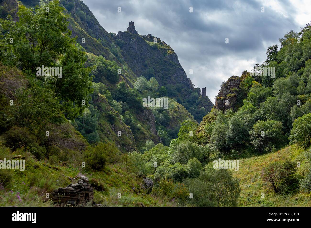 Ruined medieval village and fortress Mutso. Khevsureti, Georgia Stock ...