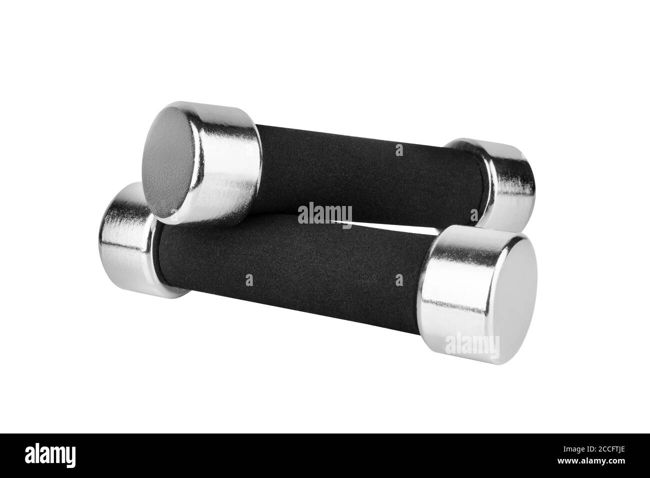 Two dumbbells on white background isolated close up, metal barbells ...