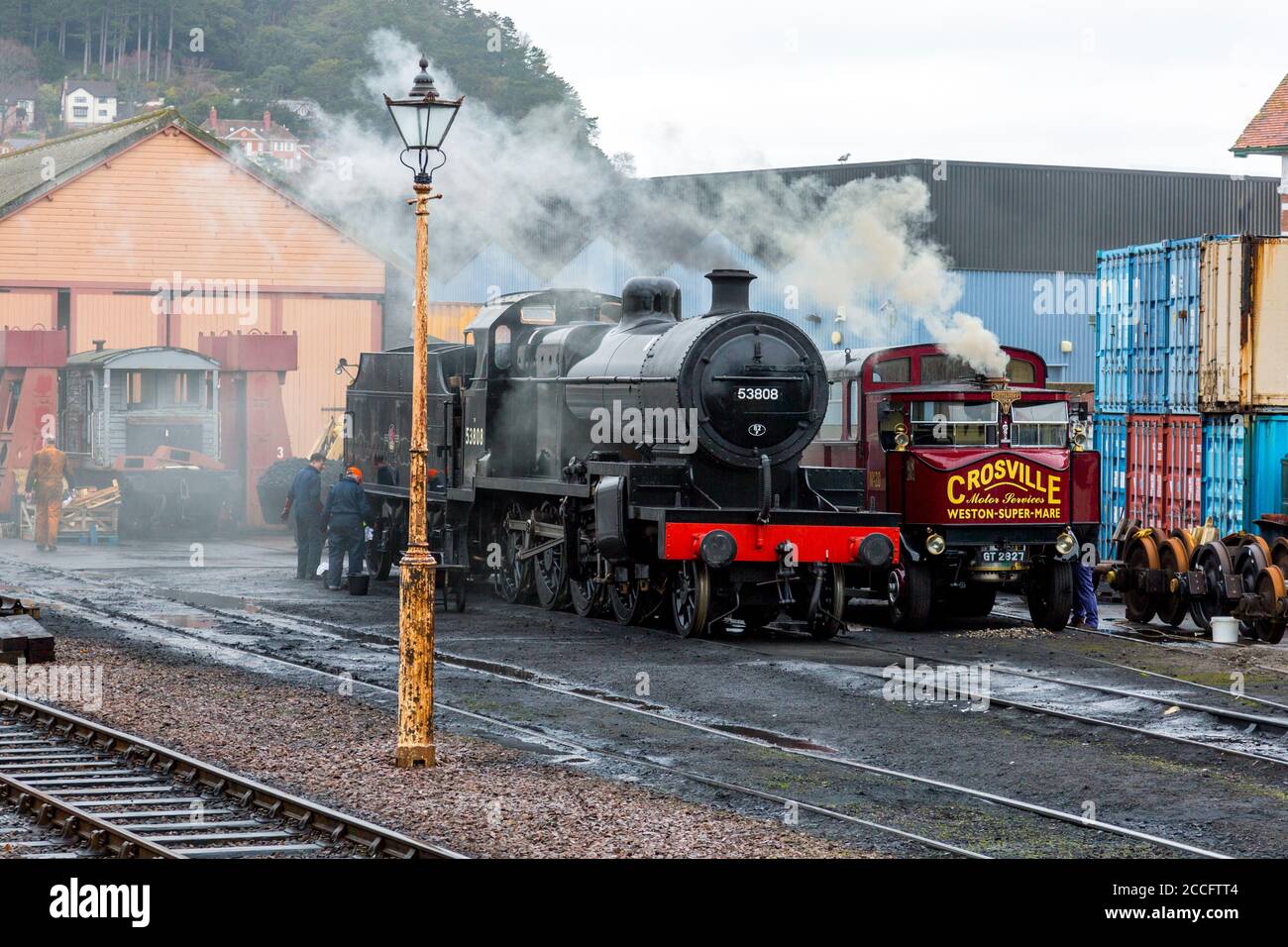 Ex-Somerset & Dorset Railway steam loco 53808 & Sentinel steam bus ‘Elizabeth’ at Minehead shed ...