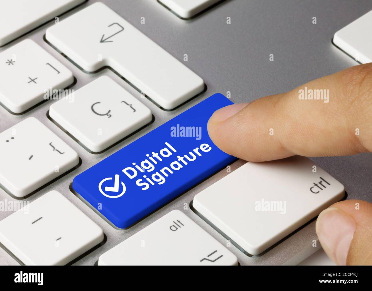 Digital Signature Written on Blue Key of Metallic Keyboard. Finger ...
