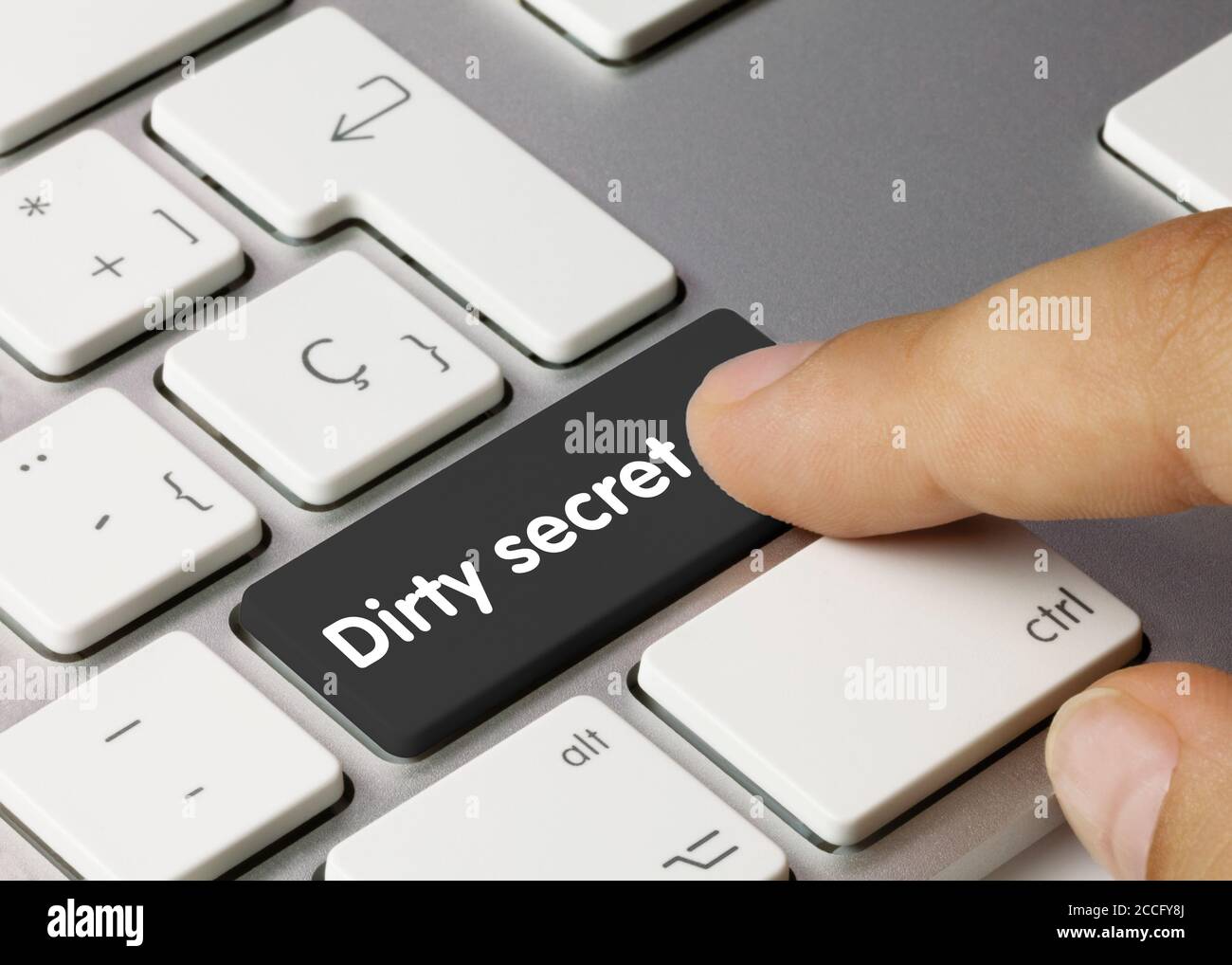 Dirty secret Written on Black Key of Metallic Keyboard. Finger pressing ...