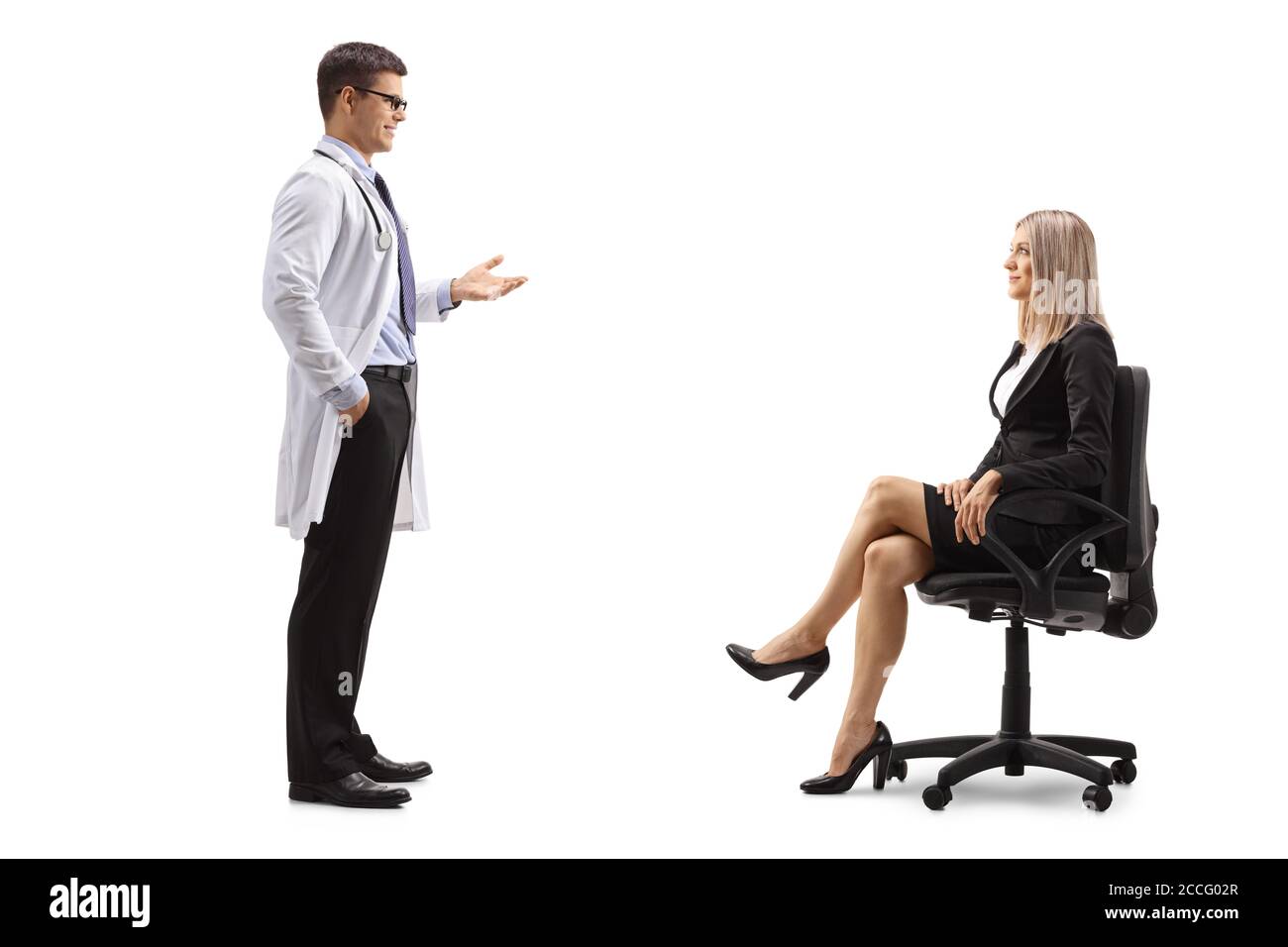 Full length profile shot of a male doctor standing and talking to a ...
