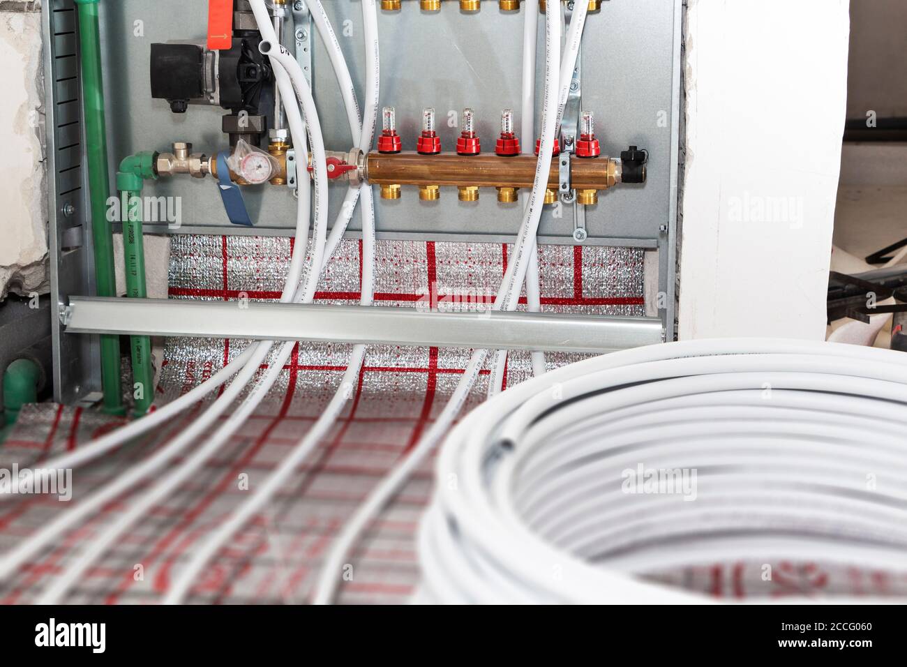 Main Control manifold of house floor heating system Stock Photo - Alamy