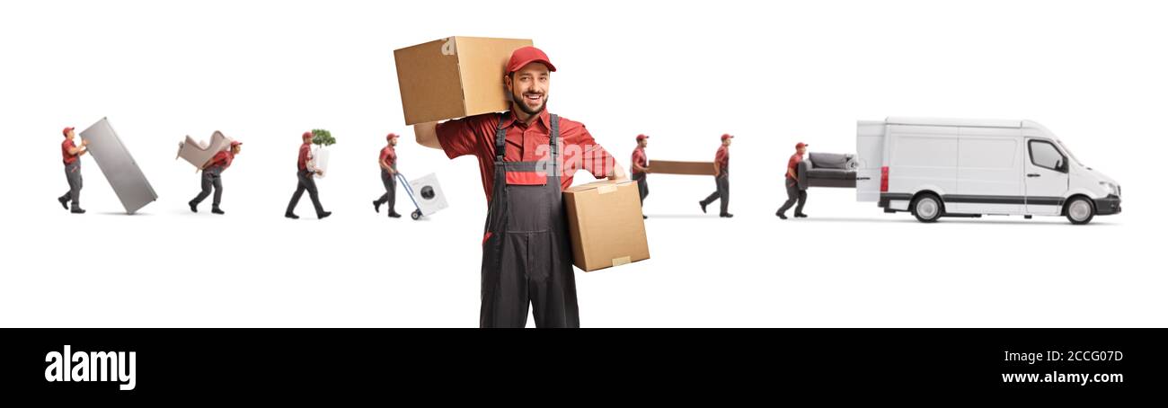 Worker carrying boxes and movers in the back loading items into a van ...