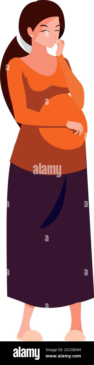 Brown Hair Pregnant Woman Cartoon Design Belly Pregnancy Maternity And