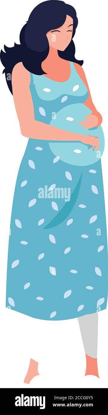 Black Hair Pregnant Woman Cartoon Design Belly Pregnancy Maternity And