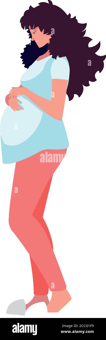 Brown Hair Pregnant Woman Cartoon Design Belly Pregnancy Maternity And