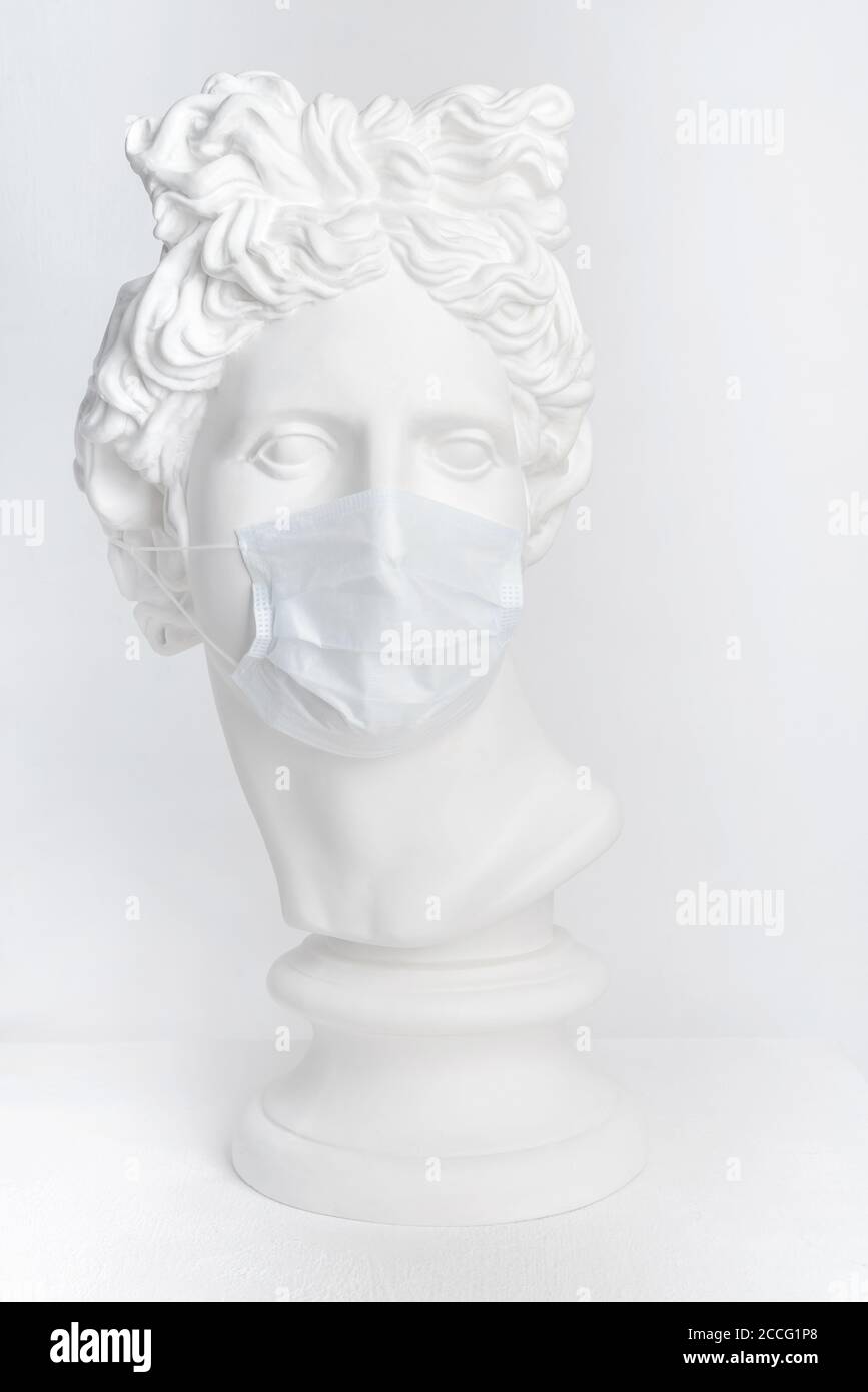 Gypsum statue of Apollo's head in a medical mask. Video call. Self ...