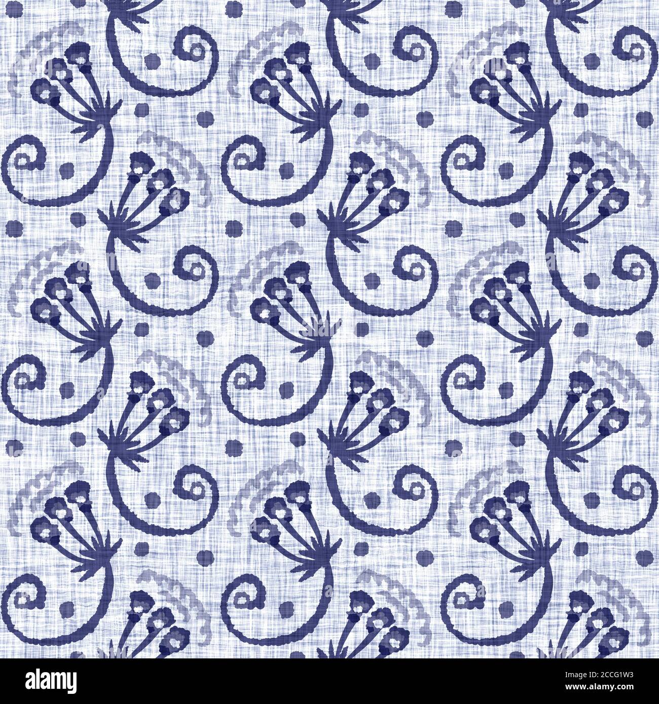 Indigo blue flower block print damask dyed linen texture background ...