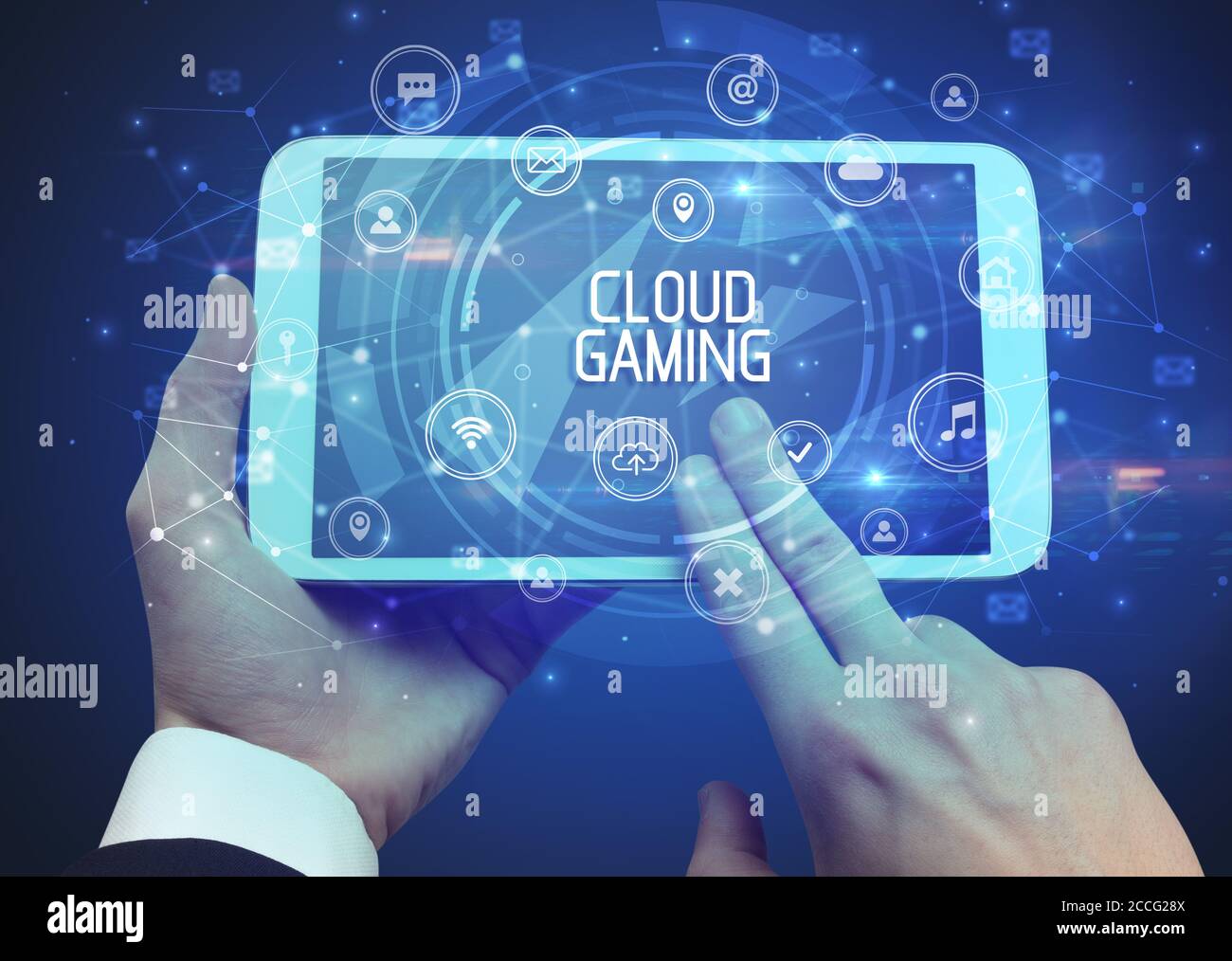 Close-up of a tablet with CLOUD GAMING inscription, innovative ...