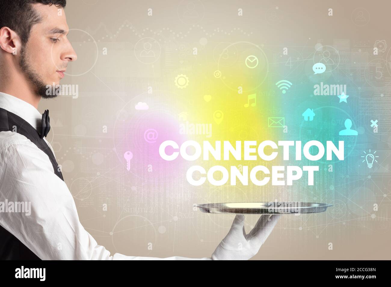 Waiter serving social networking with CONNECTION CONCEPT inscription ...