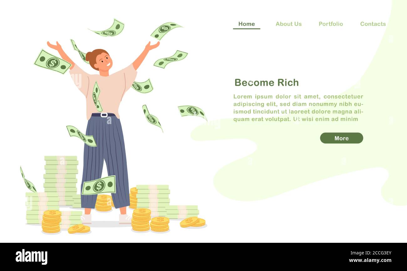Website landing page template cartoon become rich wealthy people happy ...