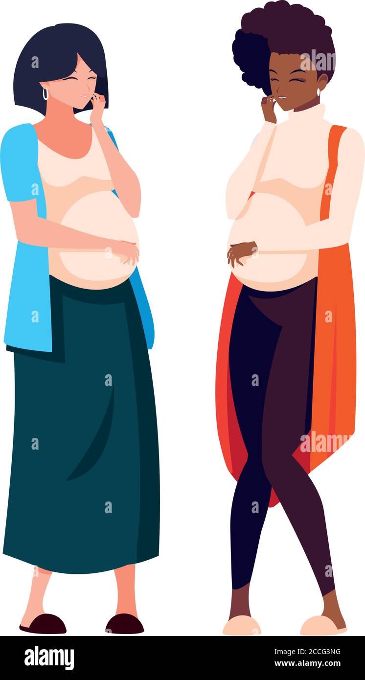 Black Hair And Black Pregnant Women Cartoons Design Belly Pregnancy