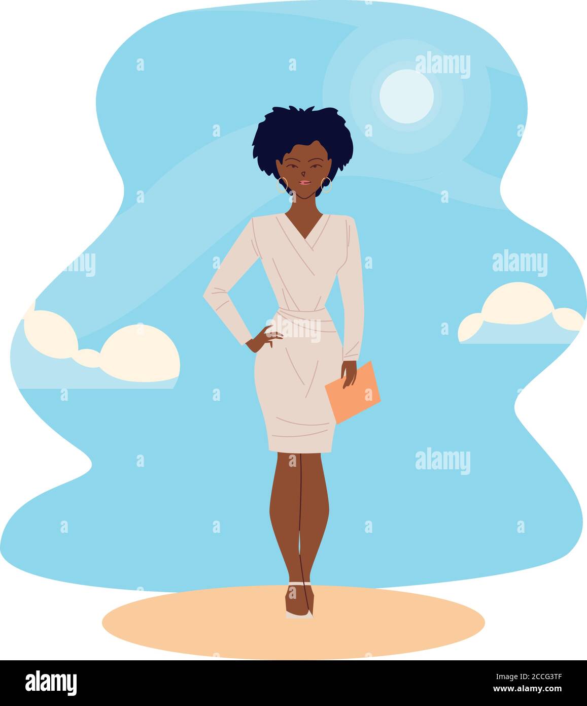 Black businesswoman cartoon with file sun and clouds design, business ...