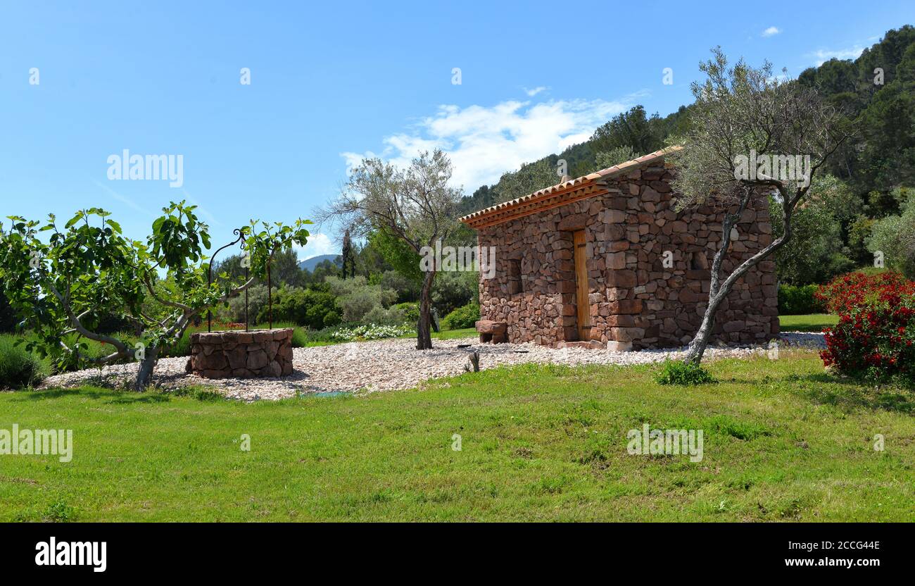 Shed with well and fig tree in Provence Stock Photo - Alamy