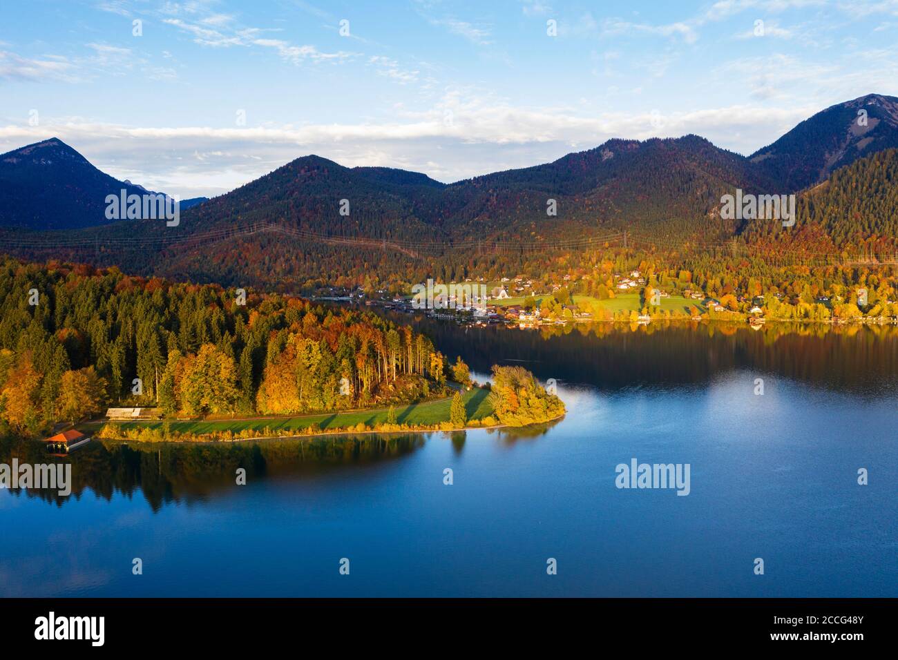 Village of Walchensee and Walchensee, aerial view, Upper Bavaria ...