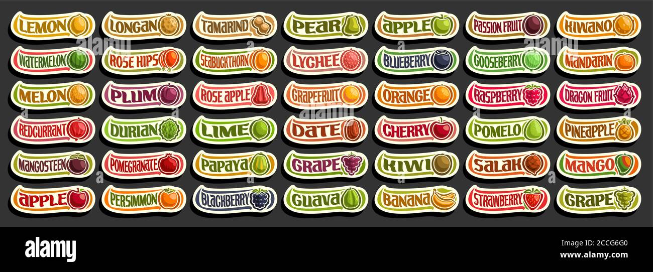 Vector set of fresh Fruits, group of cut out cartoon fruits and berries ...