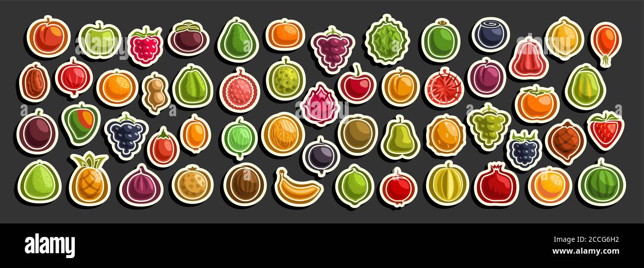 Vector set of fresh Fruits, group of cut out cartoon fruits and berries ...