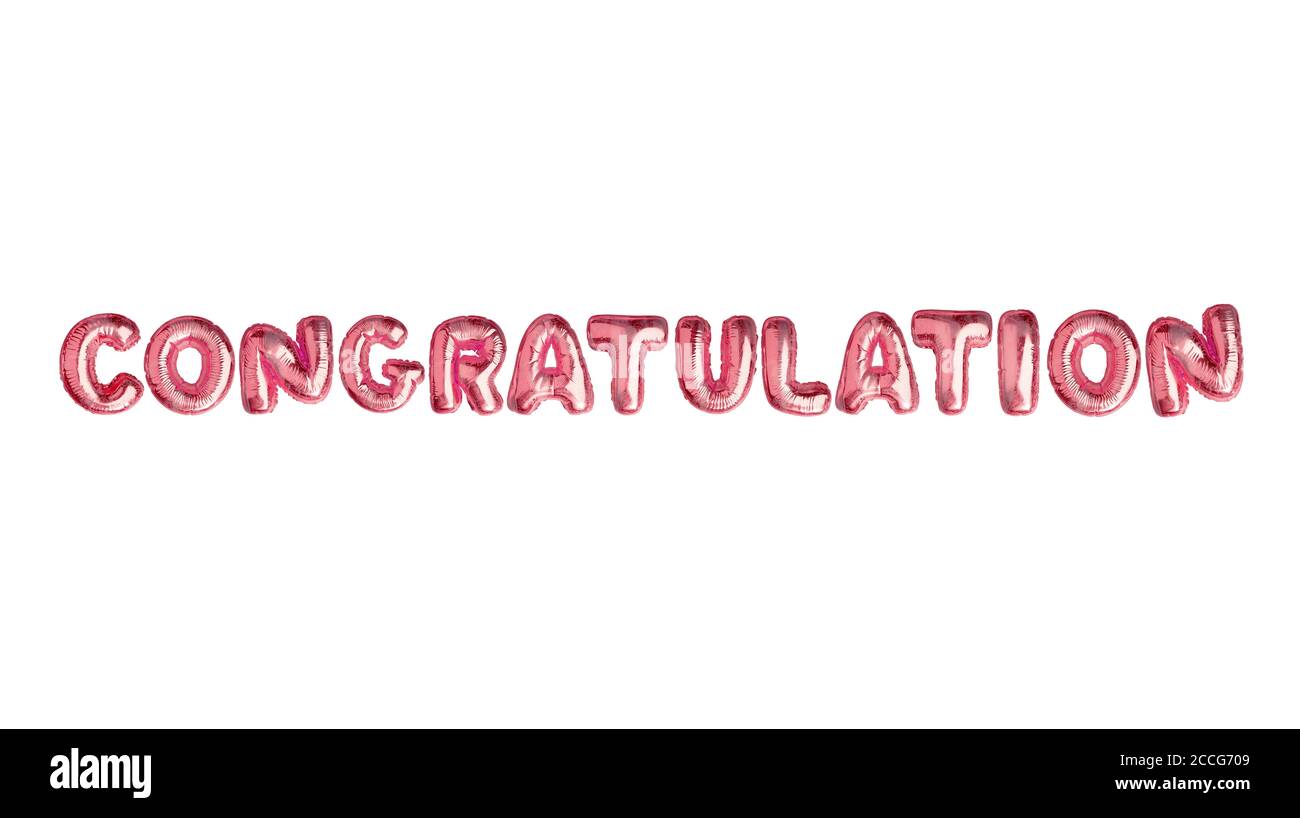 The isolated metallic pink air balloon word CONGRATS on white ...