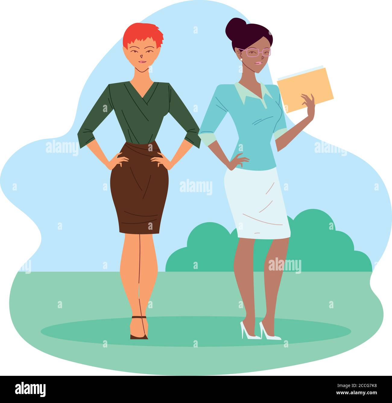 Two businesswomen cartoons with file at park design, business management and corporate theme ...